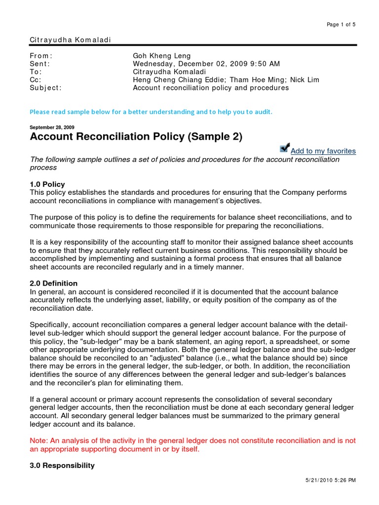 Account Reconciliation Policy (Sample 2) | PDF | Balance Sheet ...
