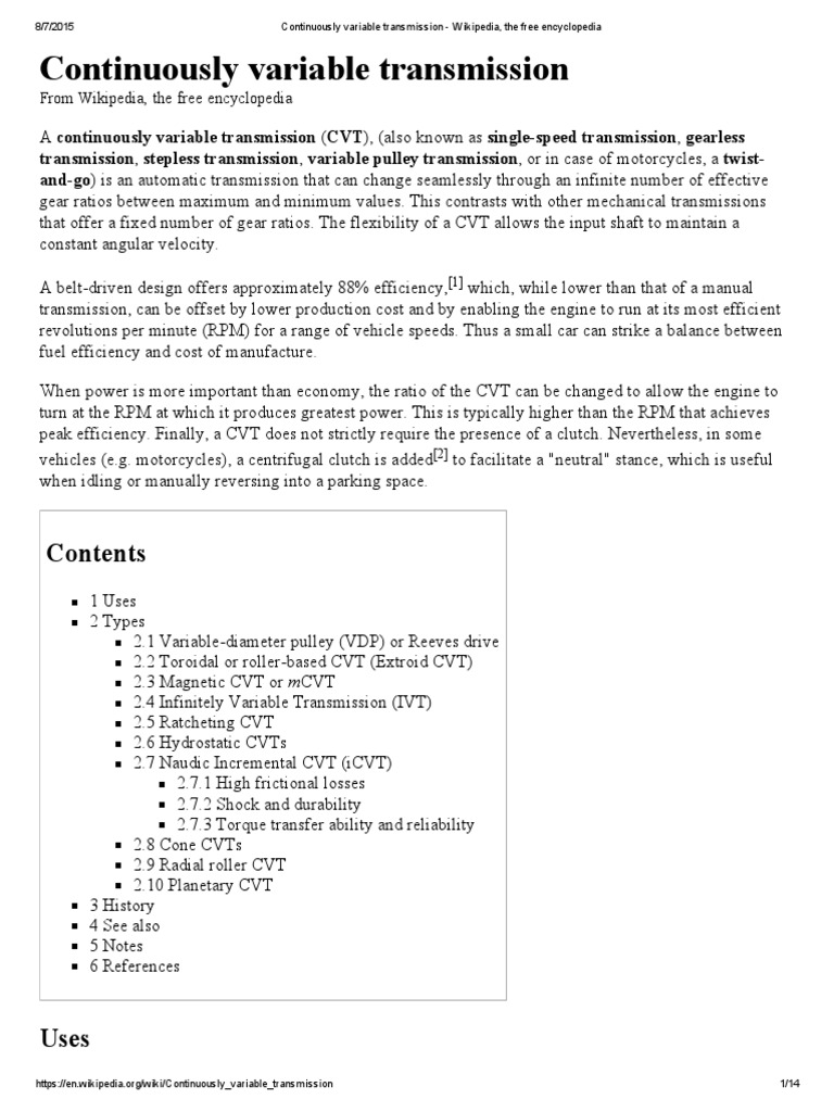 Continuously Variable Transmission - Wikipedia, The Free Encyclopedia ...