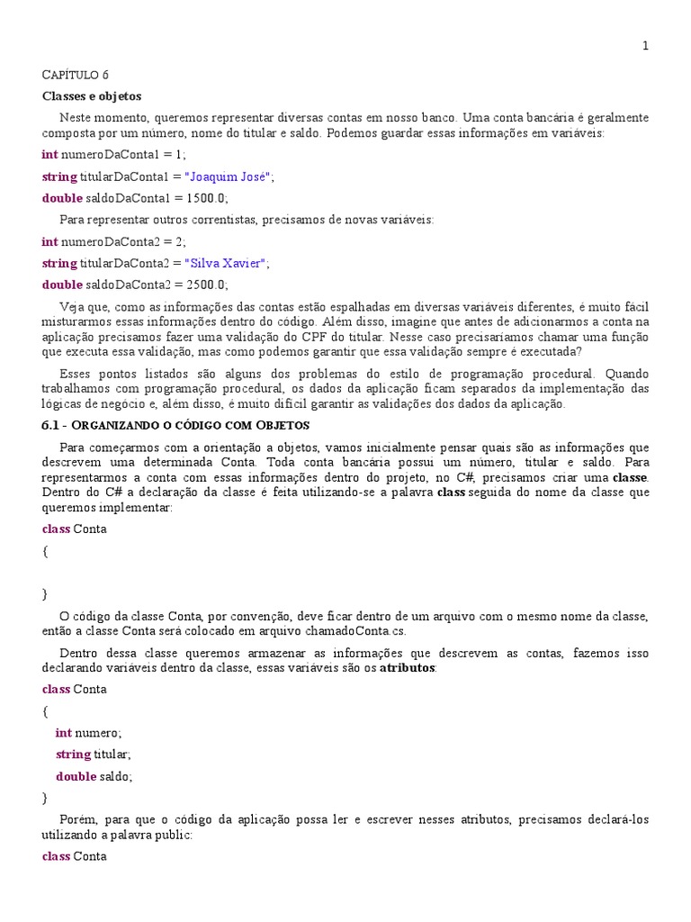 C Classes E Objetos Pdf C Sharp Linguagem De Programação Classe Programação De
