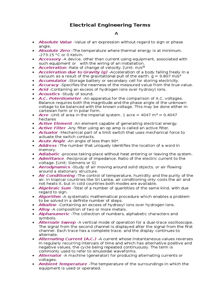 Electrical Engineering Terms | PDF | Electric Current | Capacitor