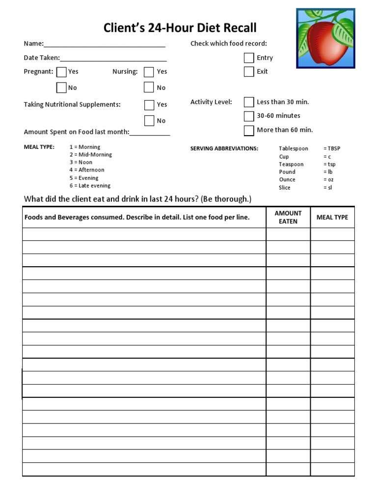 24 Hour Food Recall | PDF