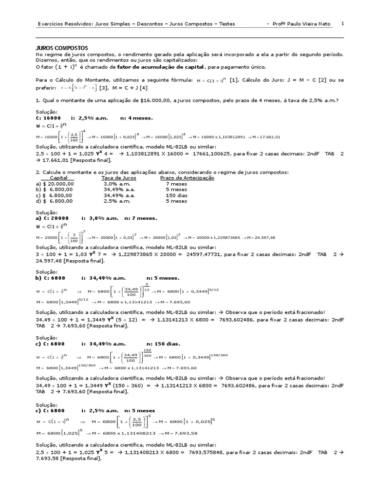 Cálculo de Juros Simples, Compostos, Descontos Comerciais e Racionais: Exercícios Resolvidos ...