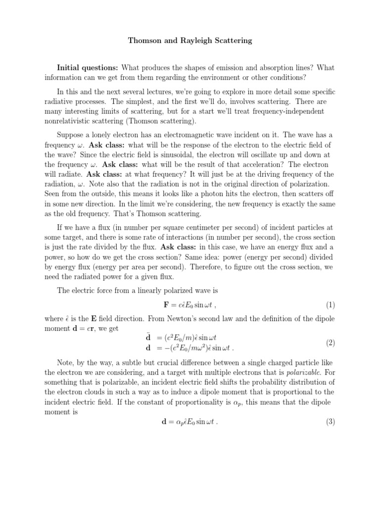 Thomson and Rayleigh Scattering | PDF | Scattering | Cross Section (Physics)