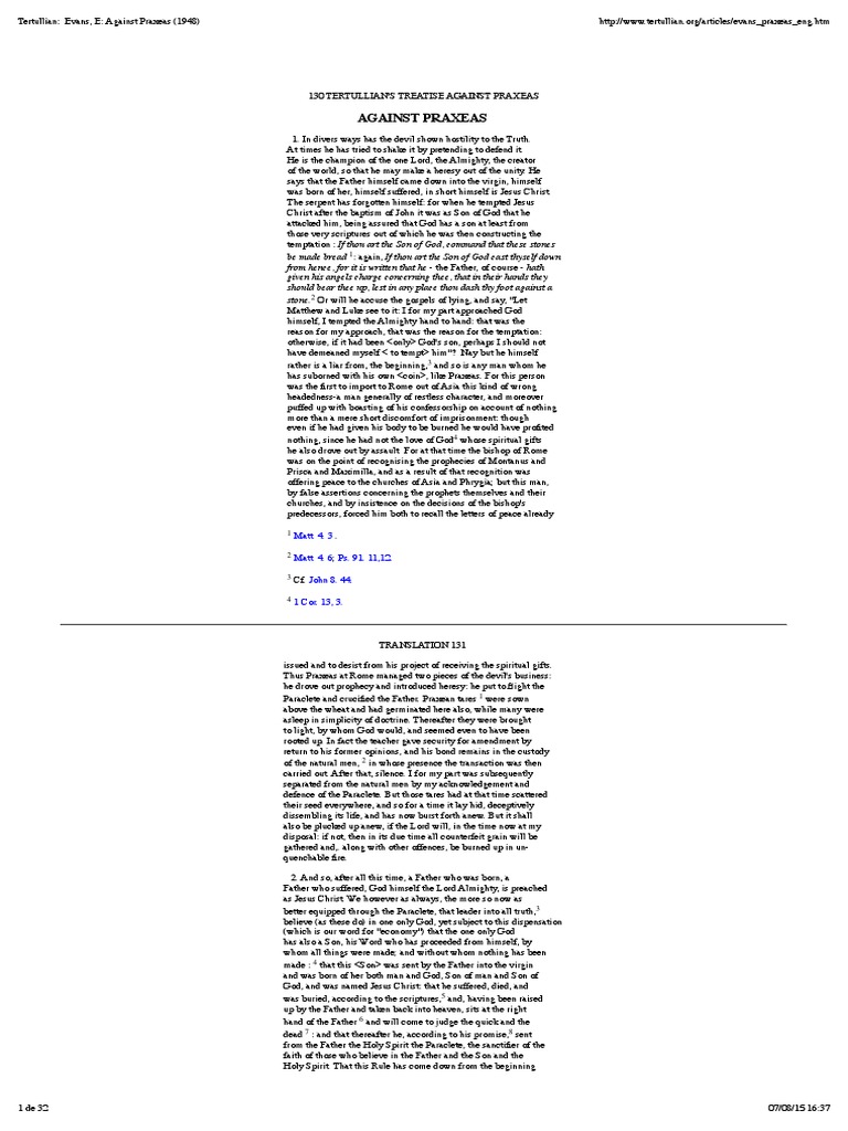 Against Praxeas: 1. in Divers Ways Has The Devil Shown Hostility To The ...