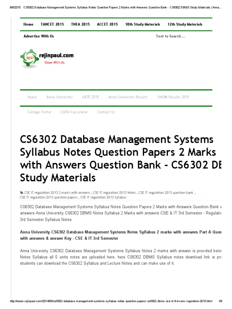 Cs6302 Database Management Systems Syllabus Notes Question Papers 2 Marks With Answers Question