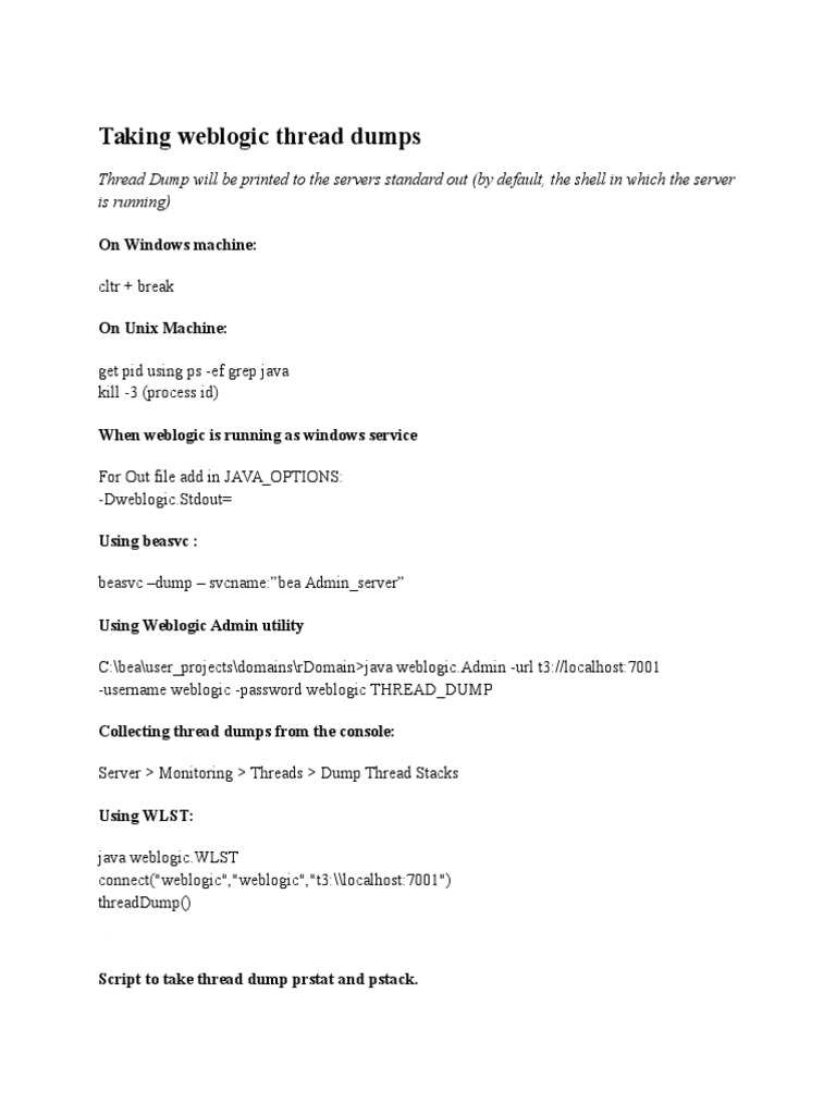 Taking Weblogic Thread Dumps Pdf Enterprise Java Beans Application Programming Interface