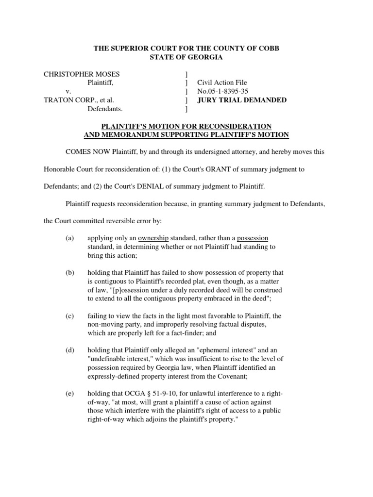 MOSES Motion and Brief Reconsideration | PDF | Summary Judgment | Easement