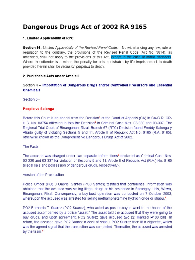 Dangerous Drugs Act of 2002 RA 9165 | Reasonable Doubt | Evidence (Law ...