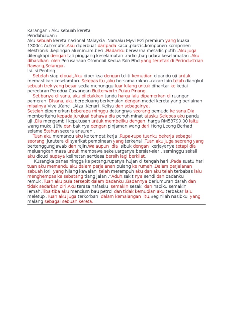 Karangan Pendek Aku Sebuah Kereta Contoh Karangan Sekolah Rendah
