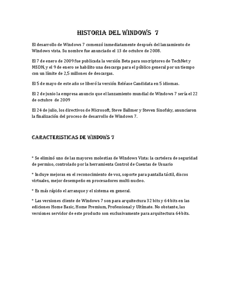 Historia Del Windows 7 PDF | PDF | Windows 7 | Microsoft Windows