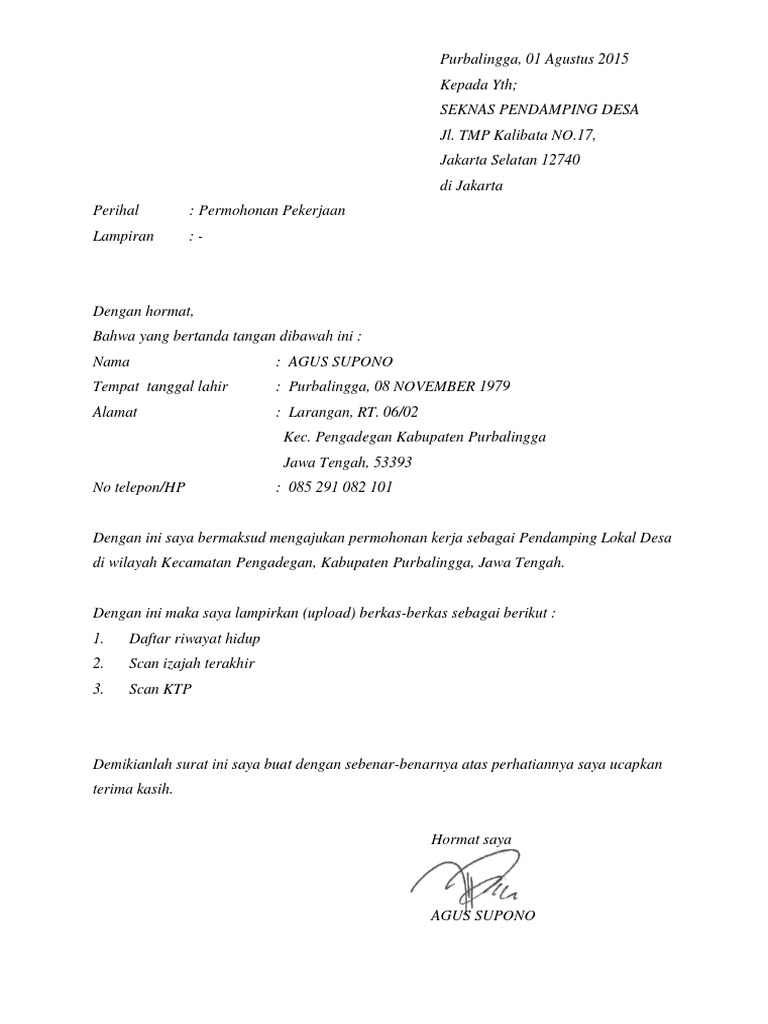 Permohonan Kerja Agus Supono di Purbalingga | PDF | Olahraga & Rekreasi