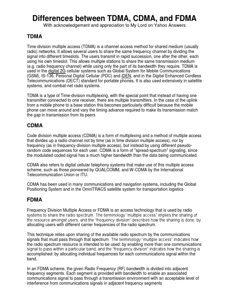 Differences Between TDMA, CDMA, and FDMA | PDF