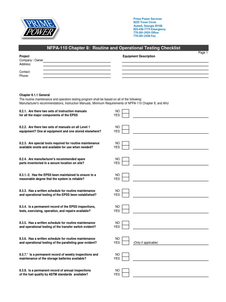 NFPA-110 Checklist CH 8 Prime Power | PDF | Electric Power ...