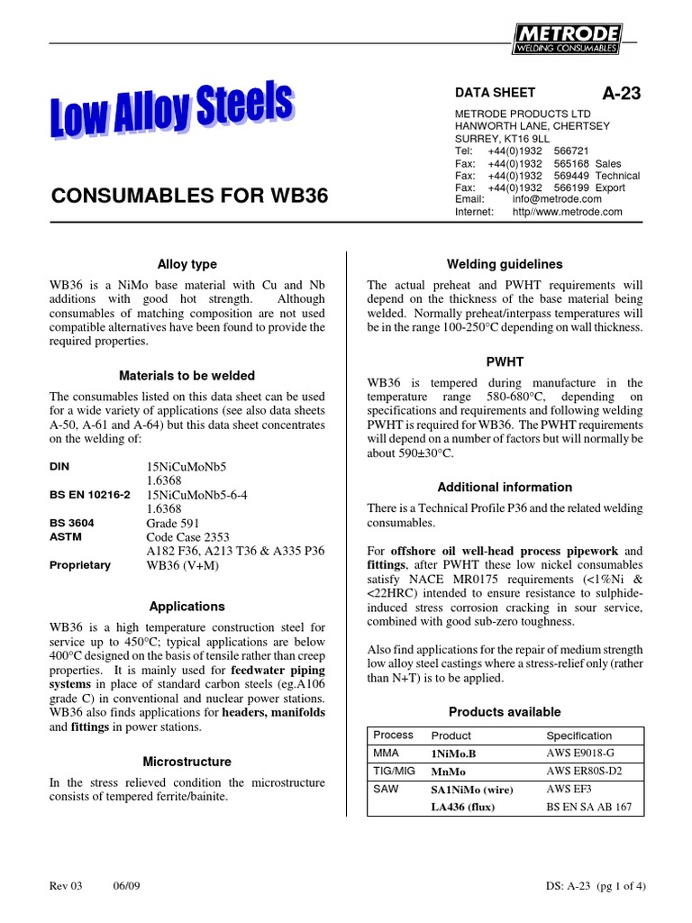 A-23 WB36 Rev 03 15NiCuMoNb5 Microstructure | PDF | Welding | Construction