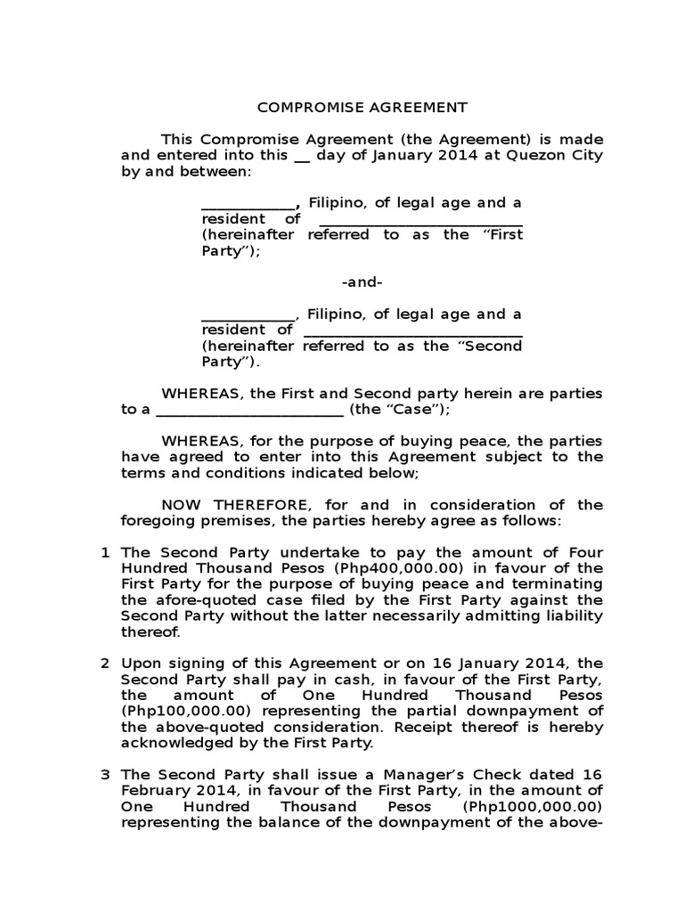 Compromise Agreement Sample | Private Law | Social Institutions
