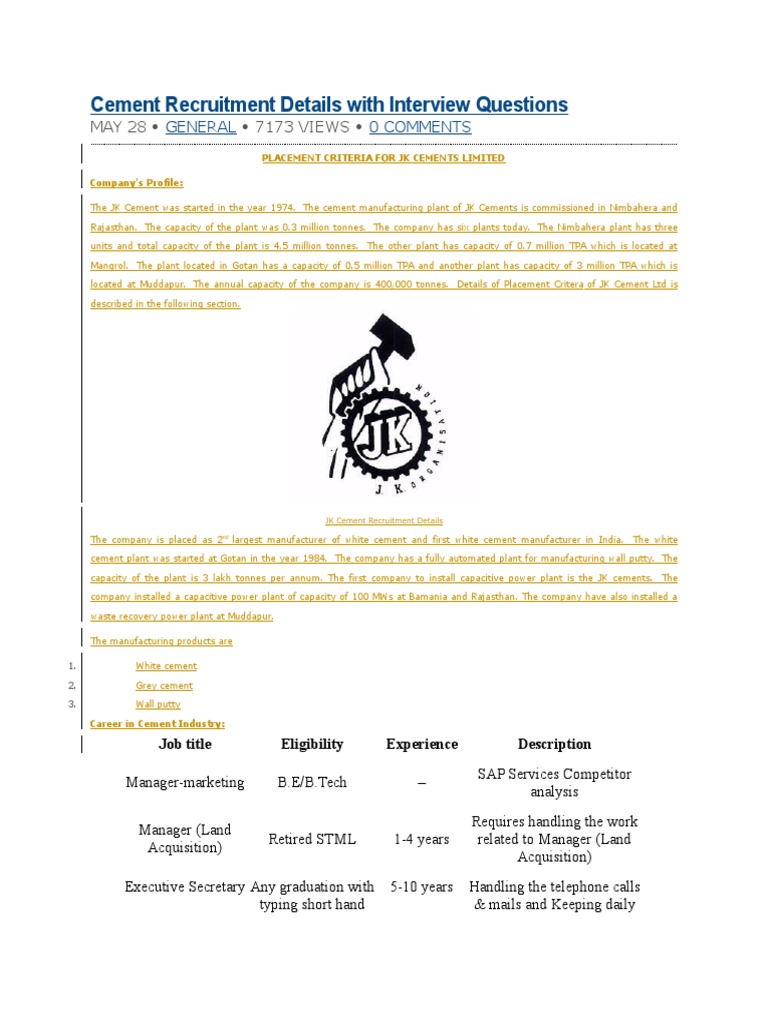 Cement Recruitment Details With Interview Questions: General 0 Comments ...
