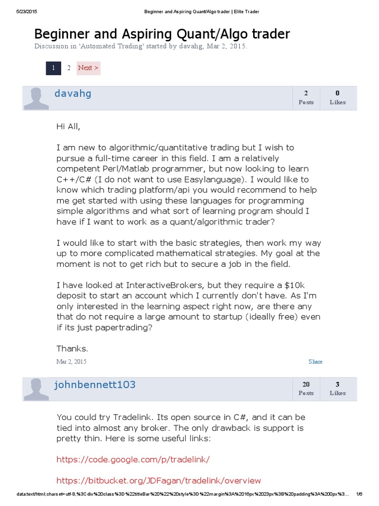 Beginner and Aspiring Quant - Algo Trader - Elite Trader | PDF ...