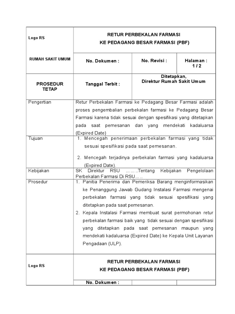 Contoh Protap Retur Obat Rs Pemerintah | PDF