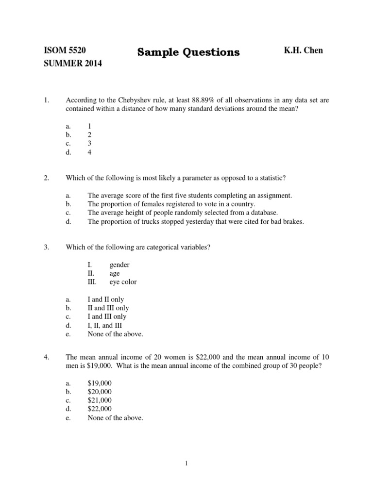 Sample Questions from an Introduction to Statistics Exam | PDF | Speed ...