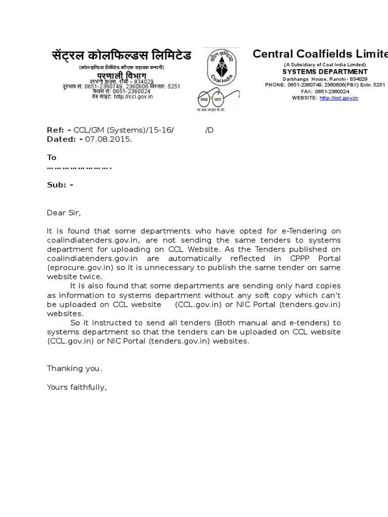 Central Coalfields Limited: Ref: - CCL/GM (Systems) /15-16/ Dated: - 07 ...