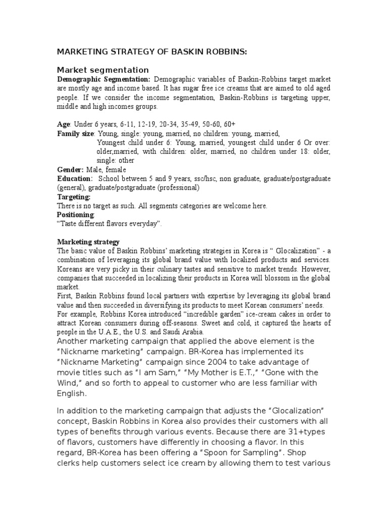 Marketing Strategy of Baskin Robbins | PDF | Market Segmentation ...
