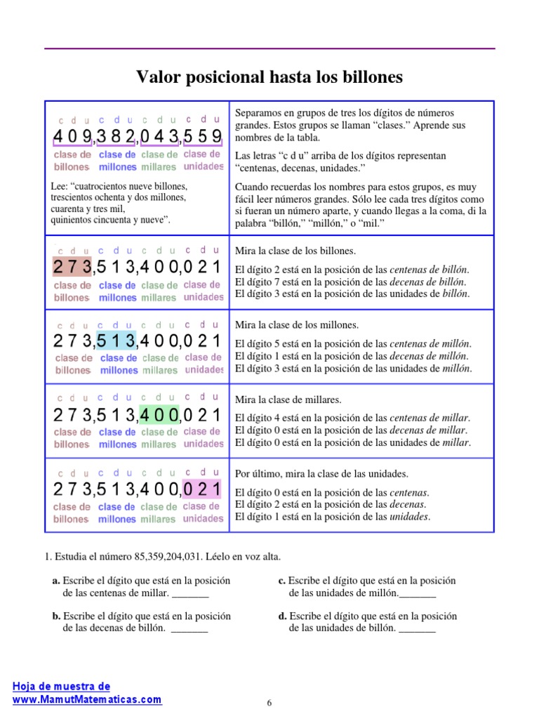 Valor posicional hasta los billones | PDF | Estudios de idiomas extranjeros