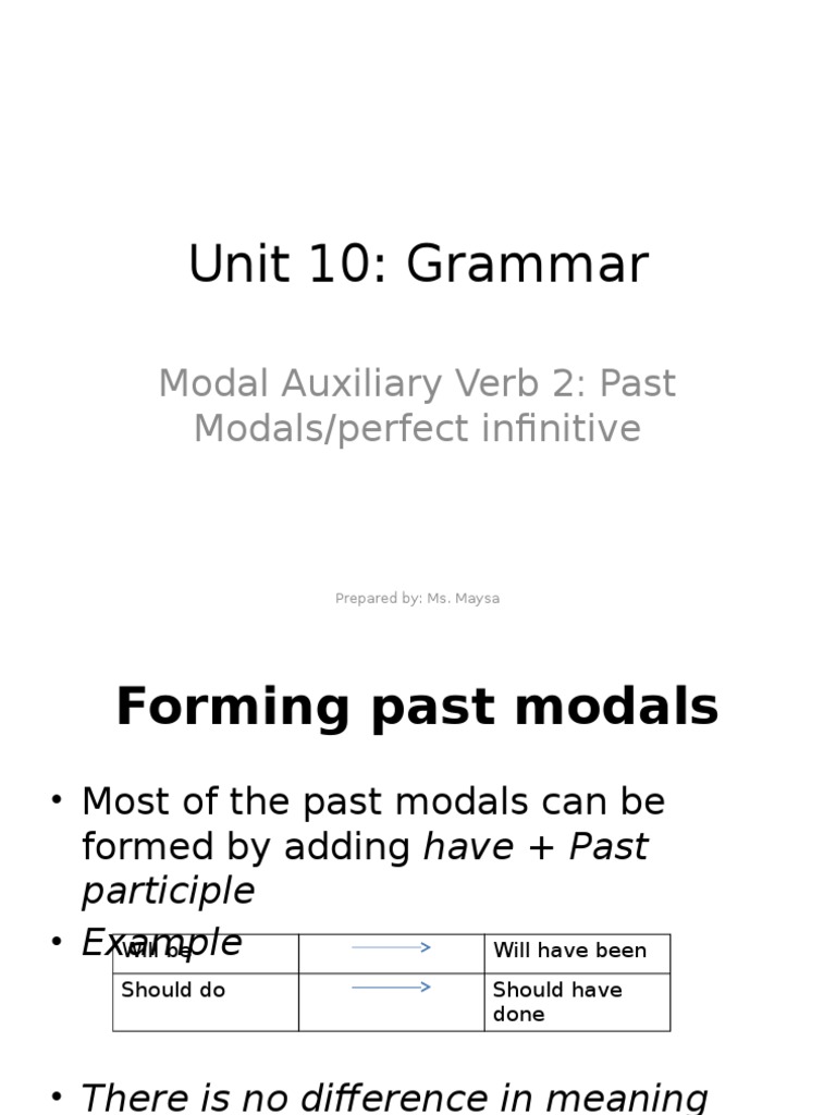 Unit 10: Grammar: Modal Auxiliary Verb 2: Past Modals/perfect Infinitive | PDF | Semantic Units ...