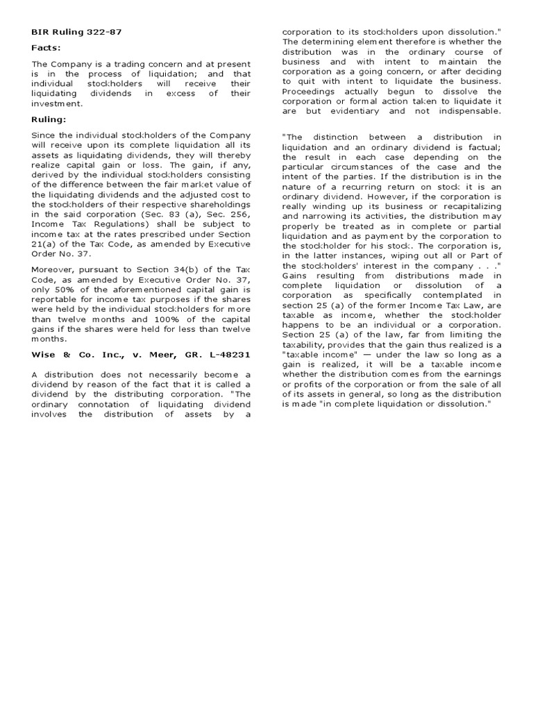 BIR Ruling 322 | PDF | Dividend | Corporations