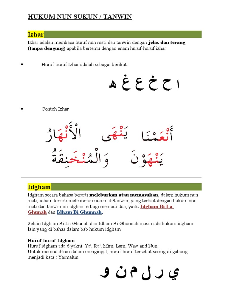 HUKUM BACAAN NUN SUKUN DAN TANWIN | PDF
