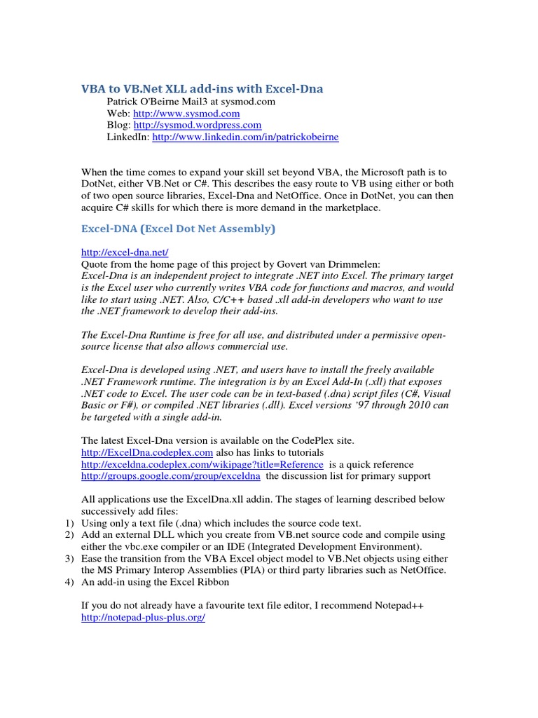 Vba To VB Net XLL Add in With Excel Dna | PDF | Visual Basic For Applications | Microsoft Excel