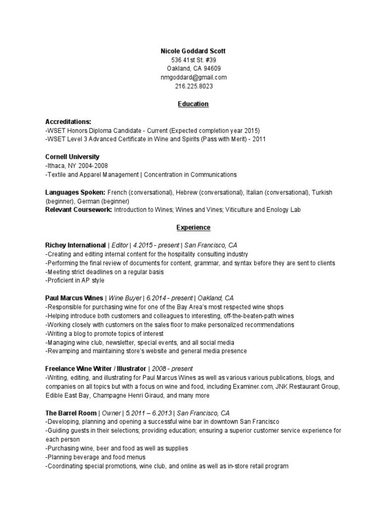 Nikki Goddard Scott Resume | PDF | Winery | Social Media