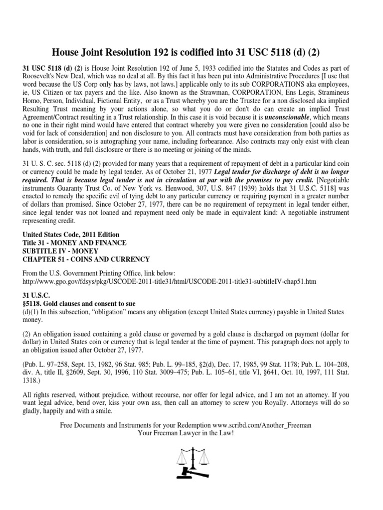 Understanding HJR 192 and 31 USC 5118 | PDF | Legal Tender | United ...