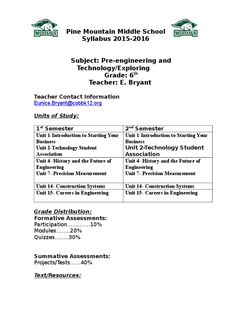 Pine Mountain 6th Grade Engineering Syllabus | PDF