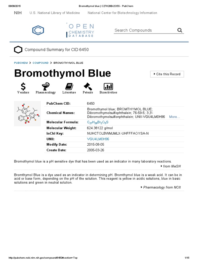 Bromothymol Blue - C27H28Br2O5S - PubChem | PDF | Chemical Compounds | Ph