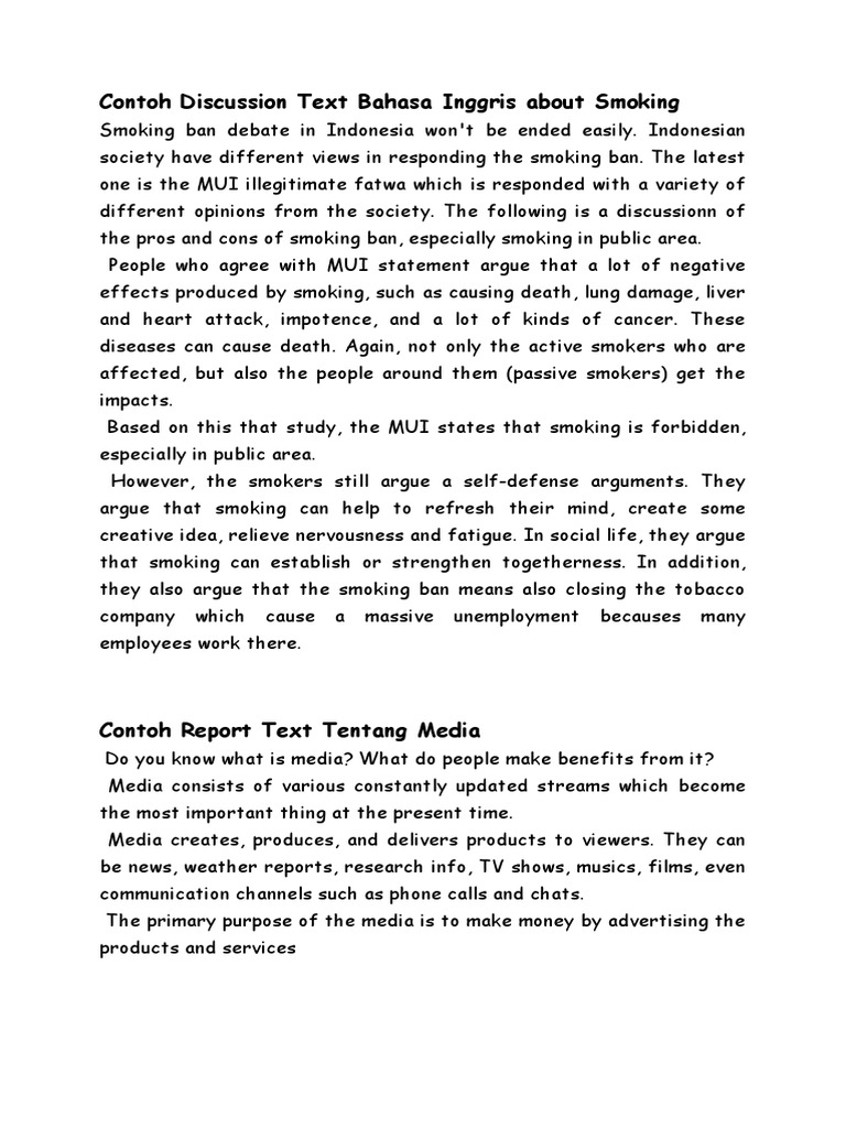 5 Contoh Discussion Text Bahasa Inggris About Smoking | PDF | Smoking ...