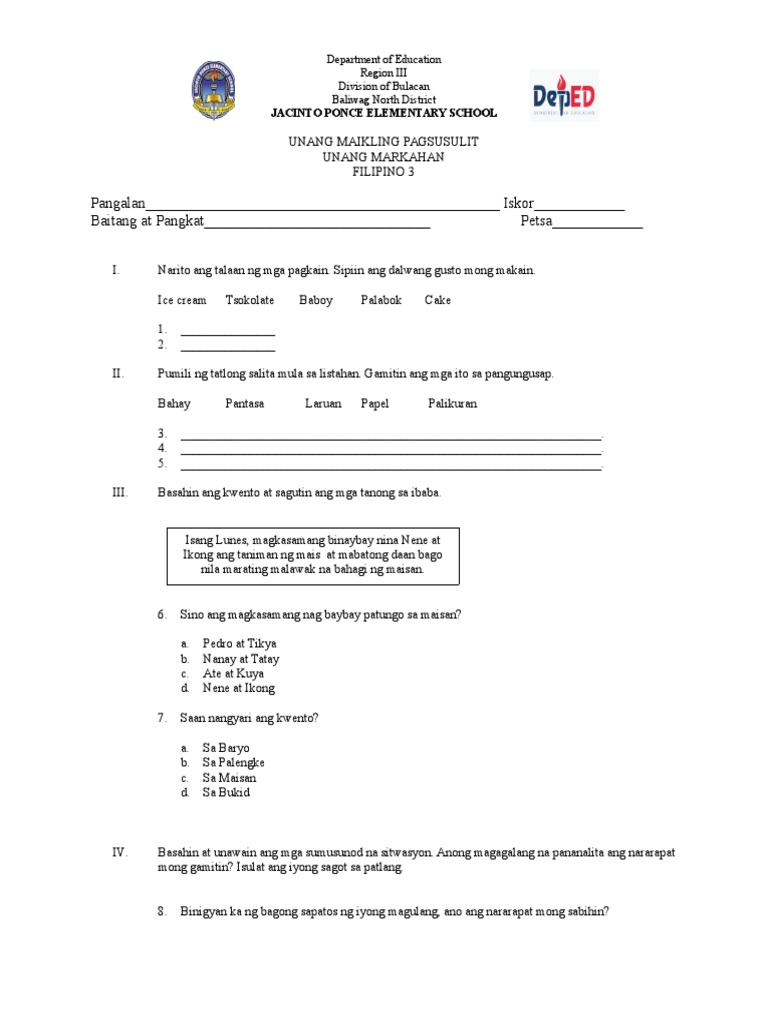 Grade3 1st Summative Test Q1 | PDF