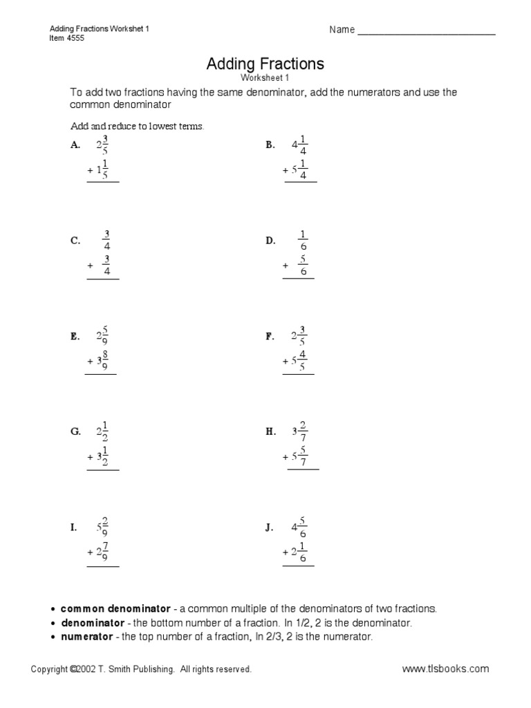 Adding Fractions: Worksheet 1 | PDF | Teaching Methods & Materials