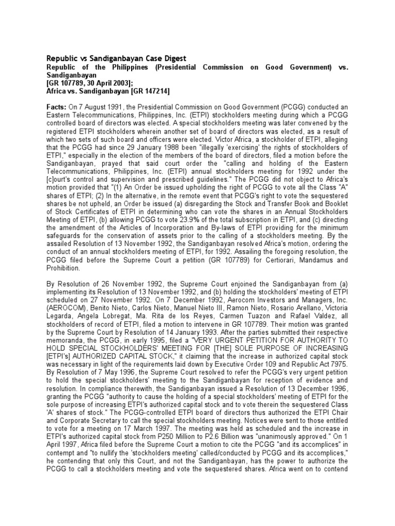 Republic Vs Sandiganbayan Case Digest | PDF | Board Of Directors | Stocks