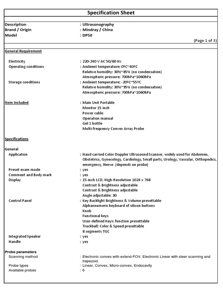 Mindray DP50 Standard Spec | Download Free PDF | Medical Ultrasound ...