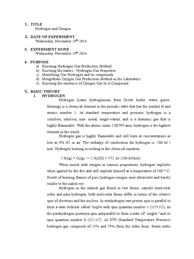 Laporan HIDROGEN OKSIGEN | PDF | Hydrogen | Deuterium
