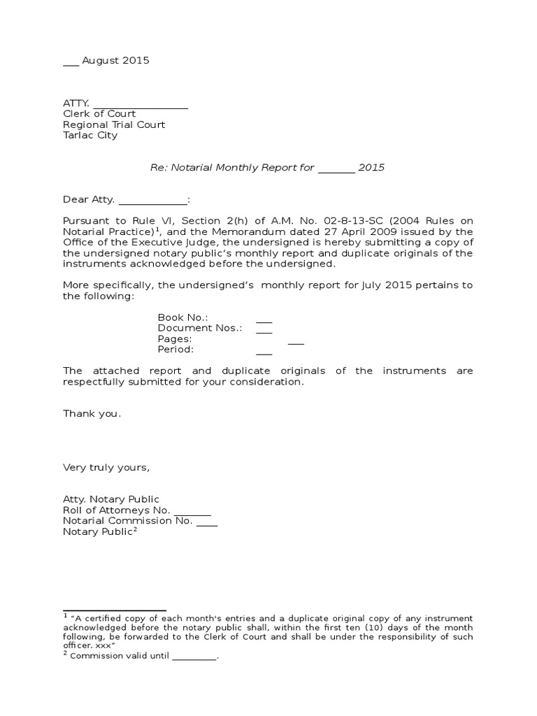 Transmittal Letter For Notarial Monthly Report | PDF | Law