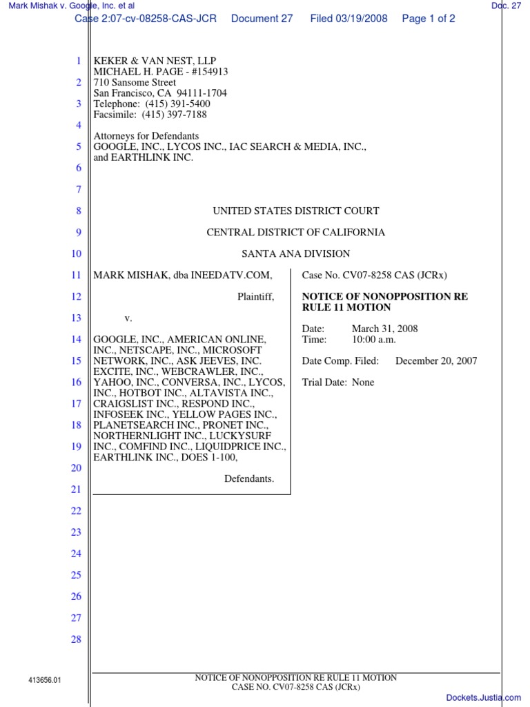Notice of Nonopposition to Rule 11 Motion | PDF | Complaint | Justice