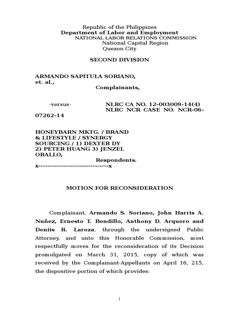 Motion for Reconsideration in NLRC Case | PDF | Evidence (Law) | Evidence