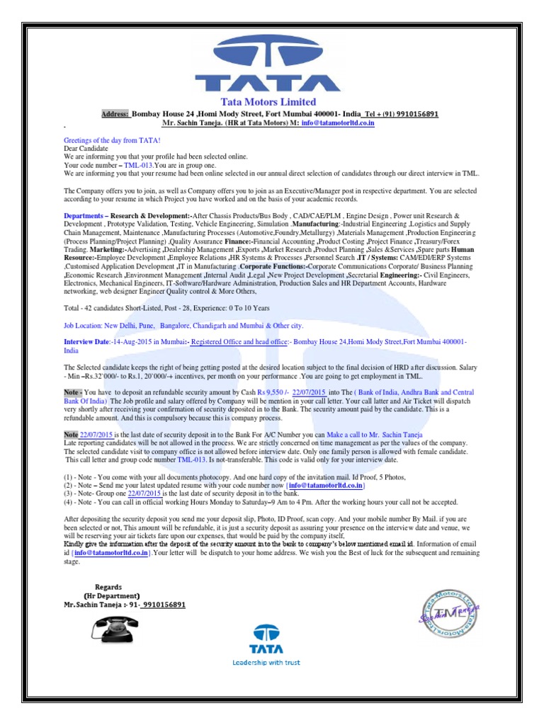 Tata Motors Limited: Bombay House 24, Homi Mody Street, Fort Mumbai ...