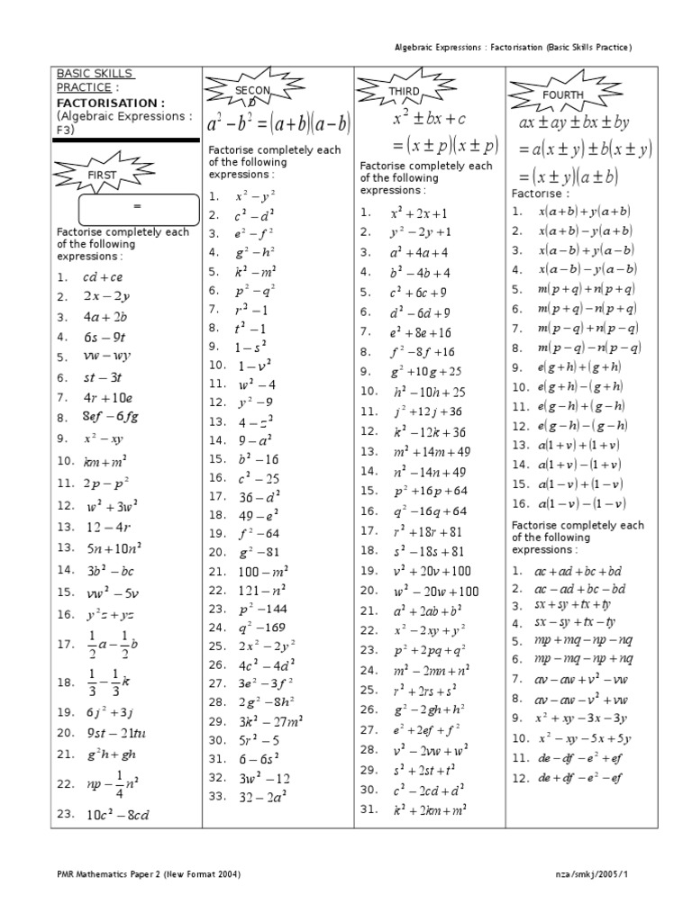 Algebra Factorisation Practice | PDF