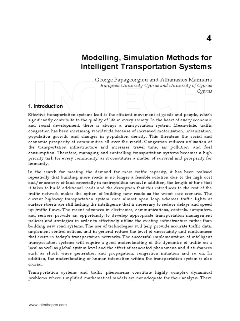 Modelling Simulation Methods For Intelligent Transportation Systems