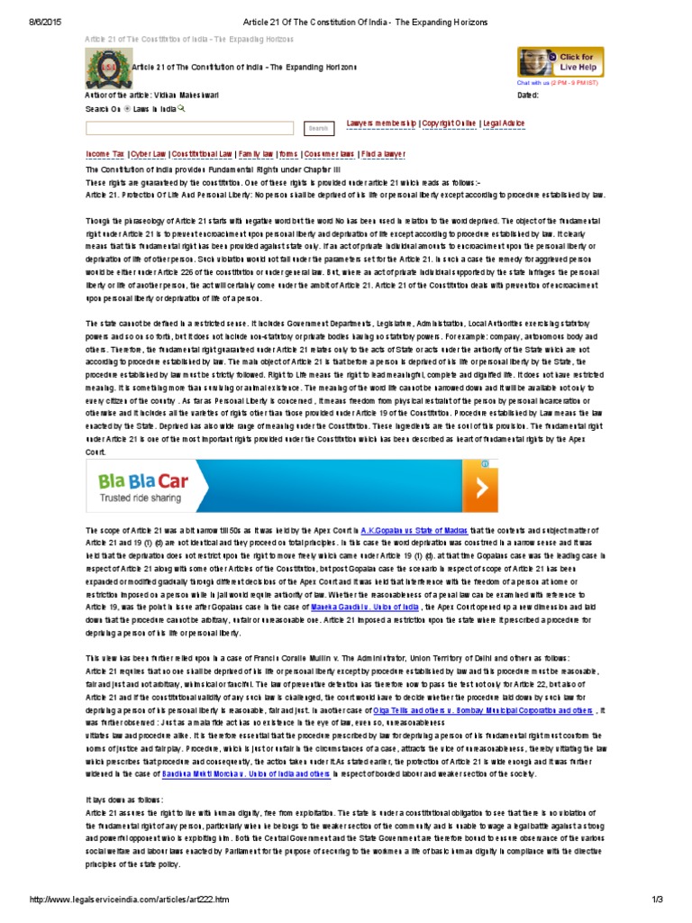 Article 21 of The Constitution of India - The Expanding Horizons | PDF ...