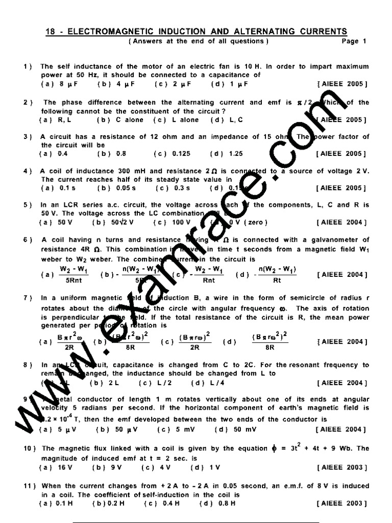 Electromagnetic Induction MCQs Class 12 | PDF | Inductor | Inductance