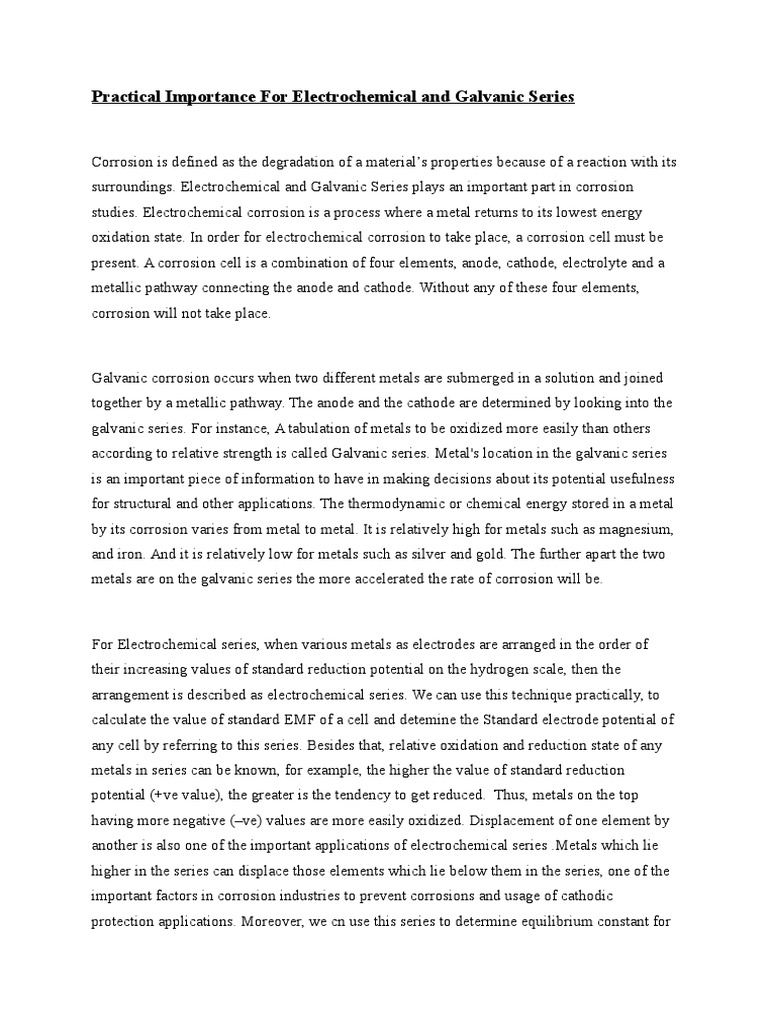 Practical Importance For Electrochemical and Galvanic Series-2013 ... Practical Importance For Electrochemical and Galvanic Series-2013 ...