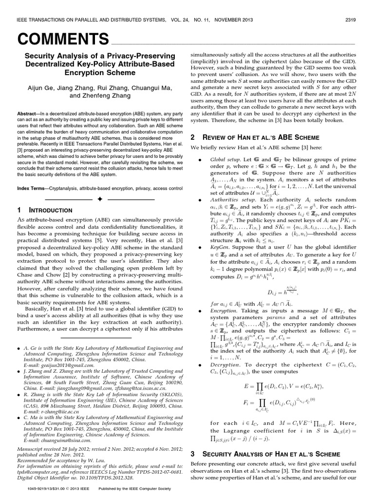 Comments: Security Analysis of A Privacy-Preserving Decentralized Key-Policy Attribute-Based ...